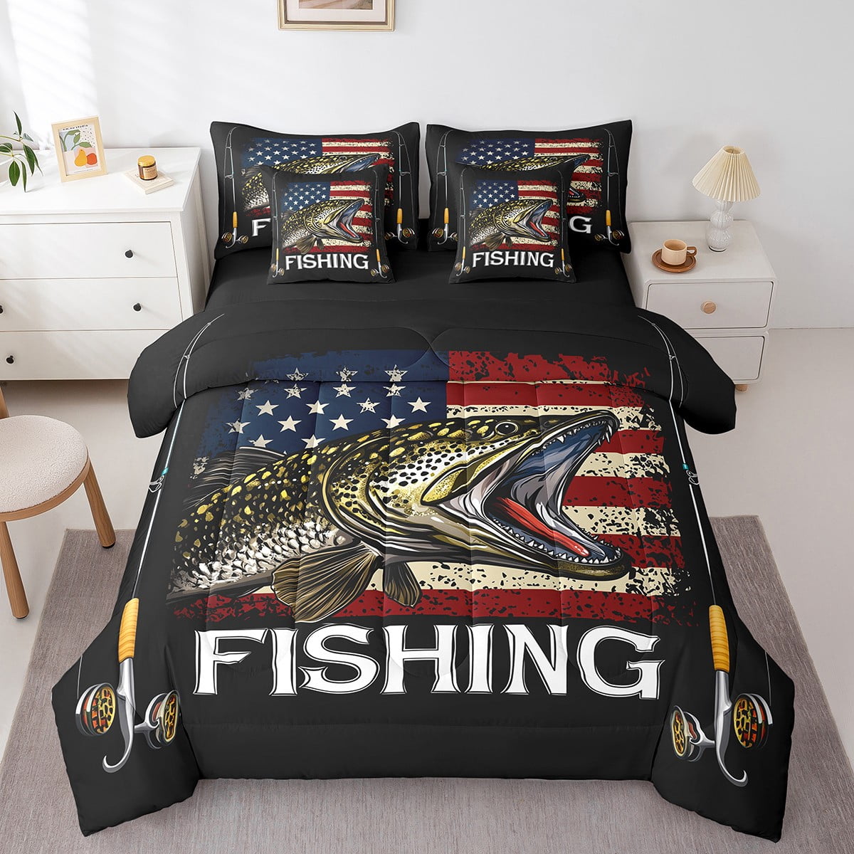 Big Pike Fish Full Comforter Set 7 Piece Bass Fish American Flag ...