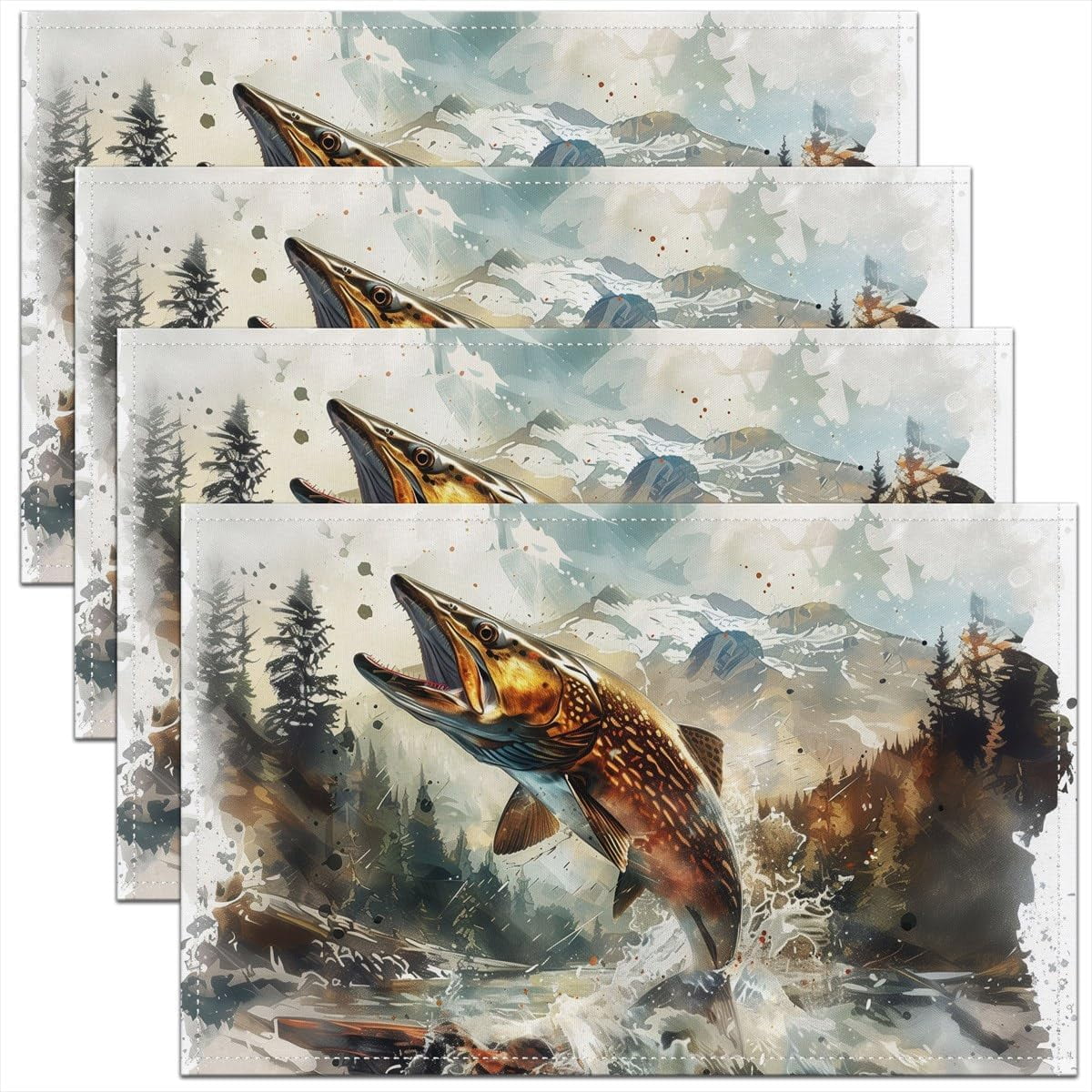 Big Pike Fish Placemats Set of 4, Nautical Fishing and Hunting Table ...