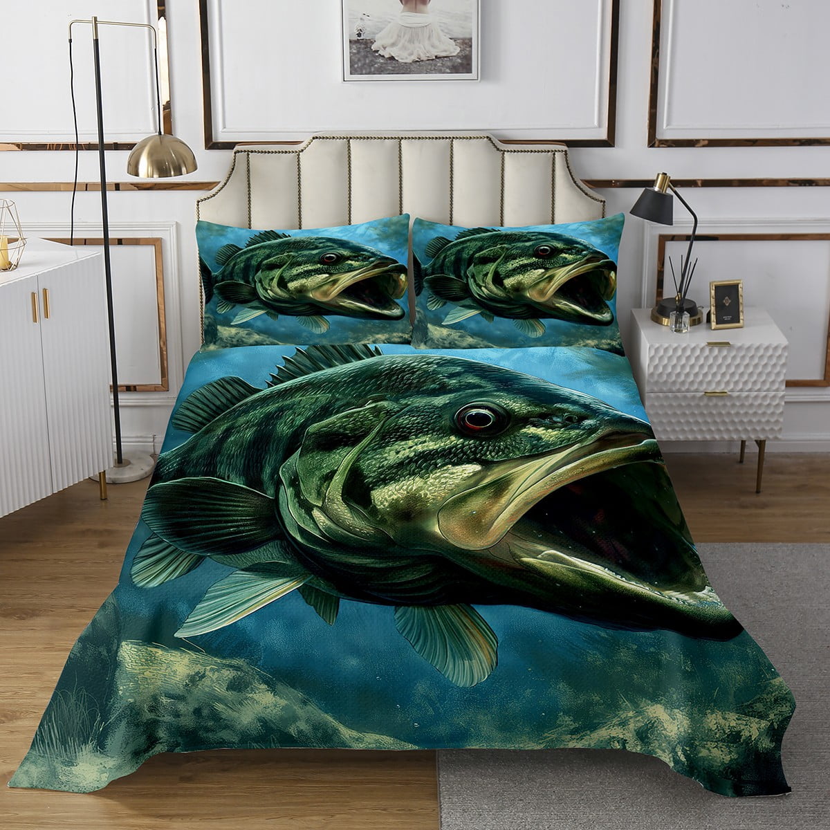 Big Pike Fish Queen Quilt Set Hunting and Fishing Coverlet Set Bedroom ...