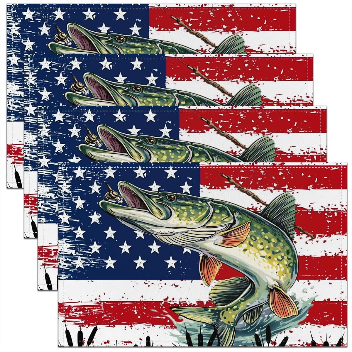 Big Pike Fishing Placemats Set of 4 American Flag Table Mats for Party ...