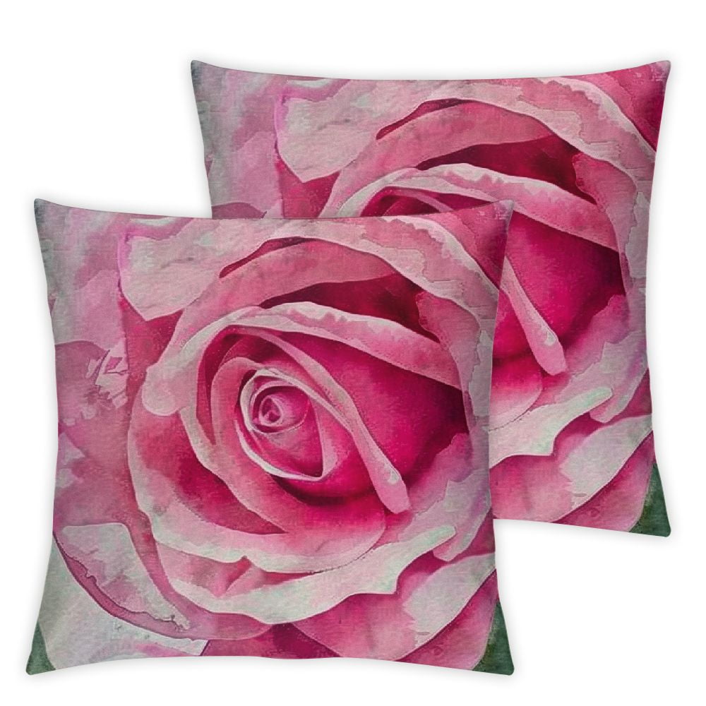 Big Pink Rose Flower with Leaves' Floral Throw Cushion Pillow Cover for ...