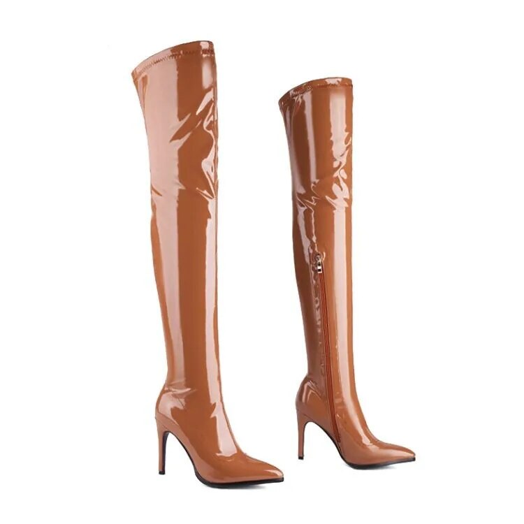 Big Plus Size 46 PU Patent Leather Thigh Boots Women Stretch Gloss Thin ...