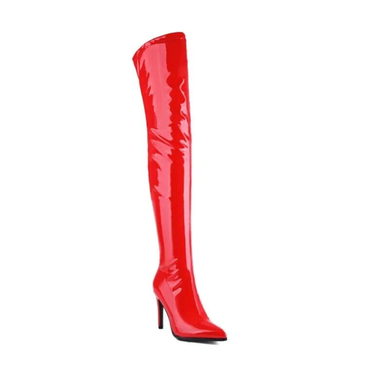 Big Plus Size 46 PU Patent Leather Thigh Boots Women Stretch Gloss Thin ...