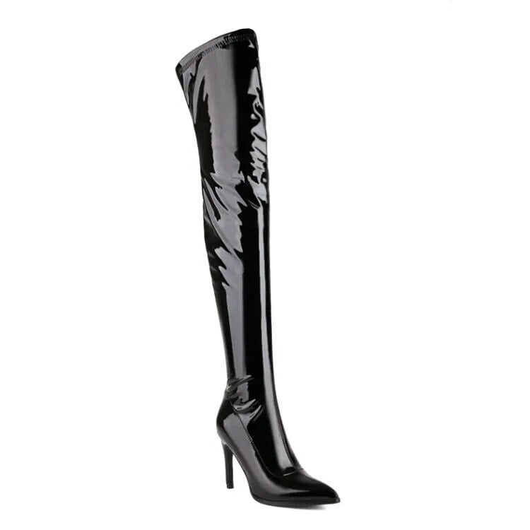 Big Plus Size 46 PU Patent Leather Thigh Boots Women Stretch Gloss Thin ...