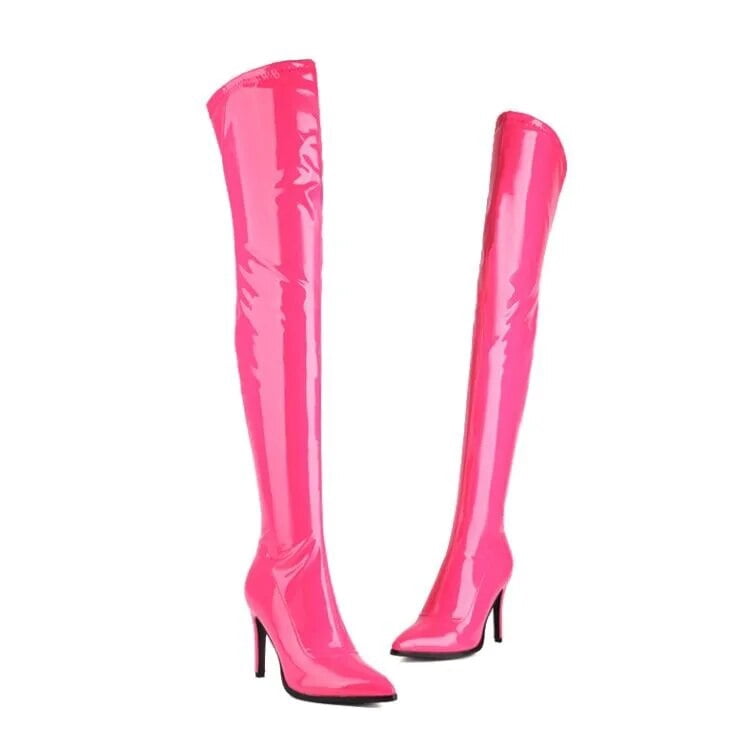 Big Plus Size 46 PU Patent Leather Thigh Boots Women Stretch Gloss Thin ...