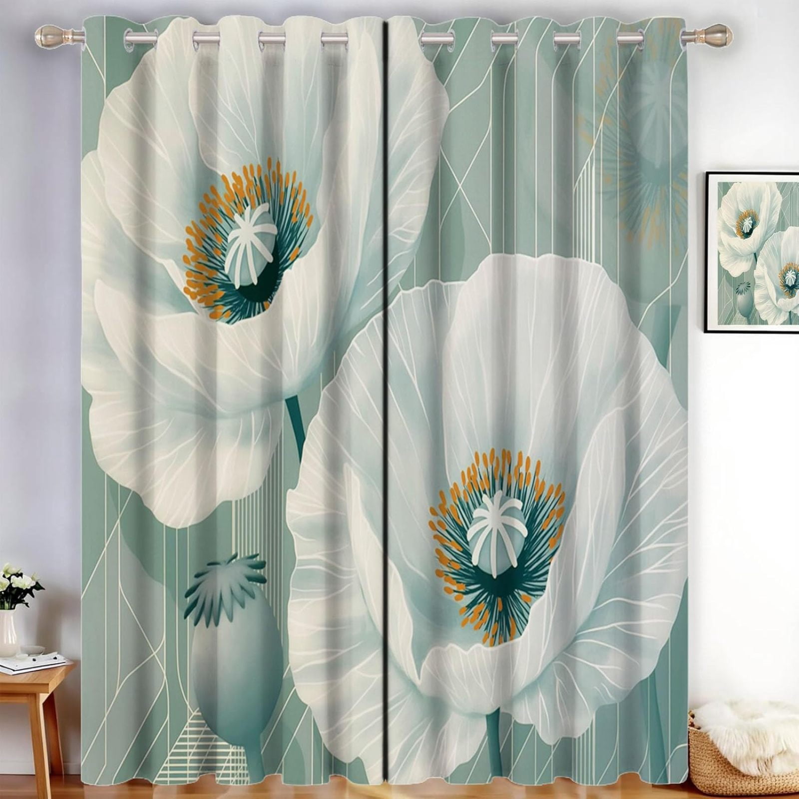 Big Poppy Flower Blackout Curtains For Bedroom - Line Flowers - Grommet ...