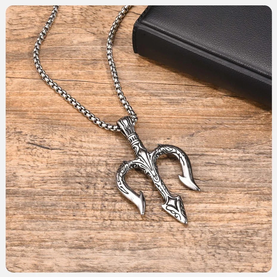 Big Poseidon Trident Pendant for Men, Punk Heavy Vintage 14K White Gold ...
