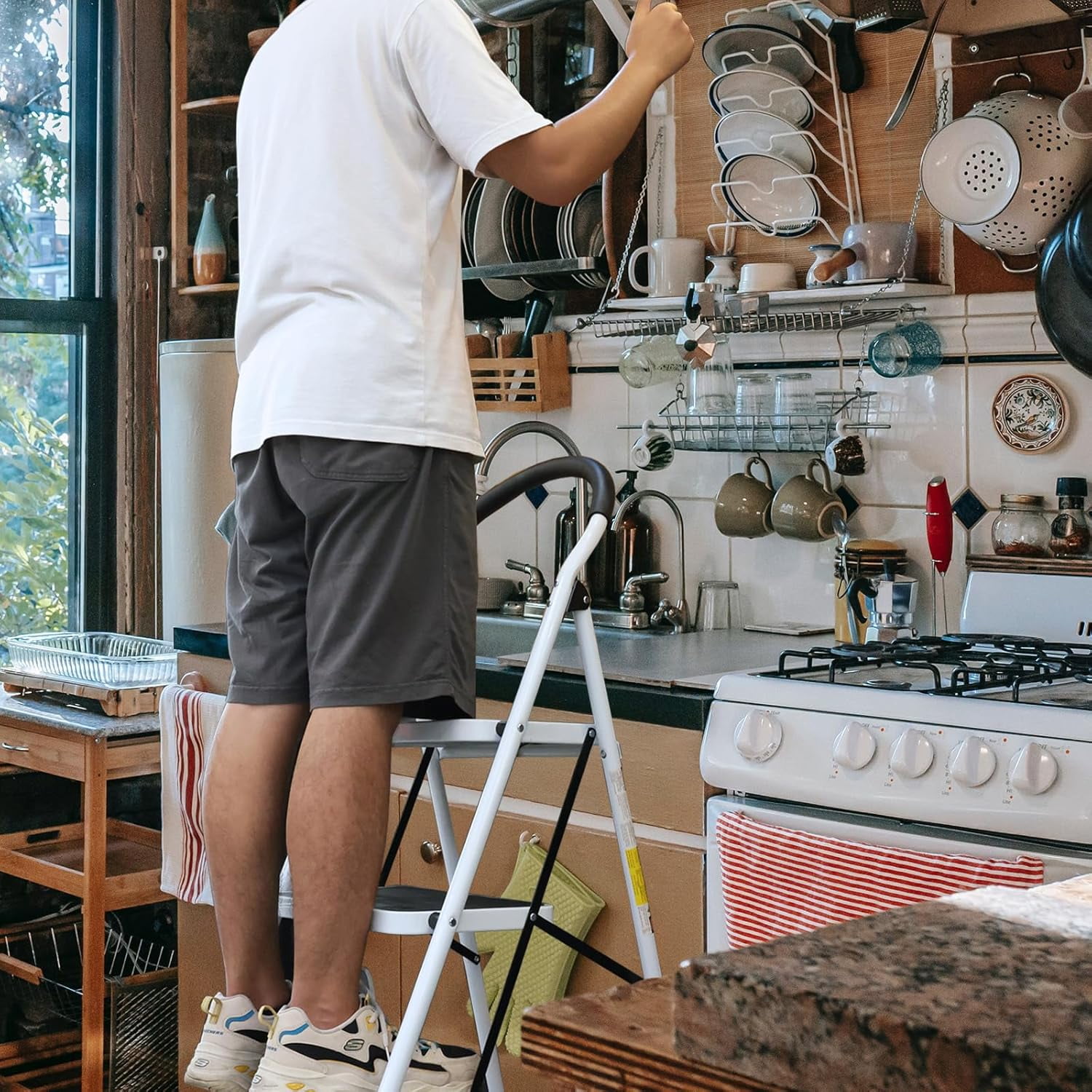Big Red 3 Step Ladder, 400lbs Ergonomic Folding Stool with Anti-Slip ...