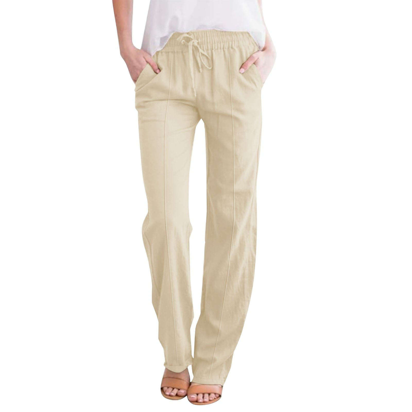 FUNUONY Linen Straight Leg Pants Woman High Waisted Drawstring Baggy ...