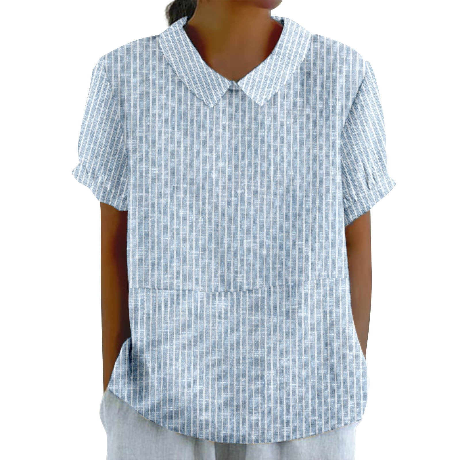 Big Sale! Women's Summer Lapel Retro Striped Back Button Loose Top ...