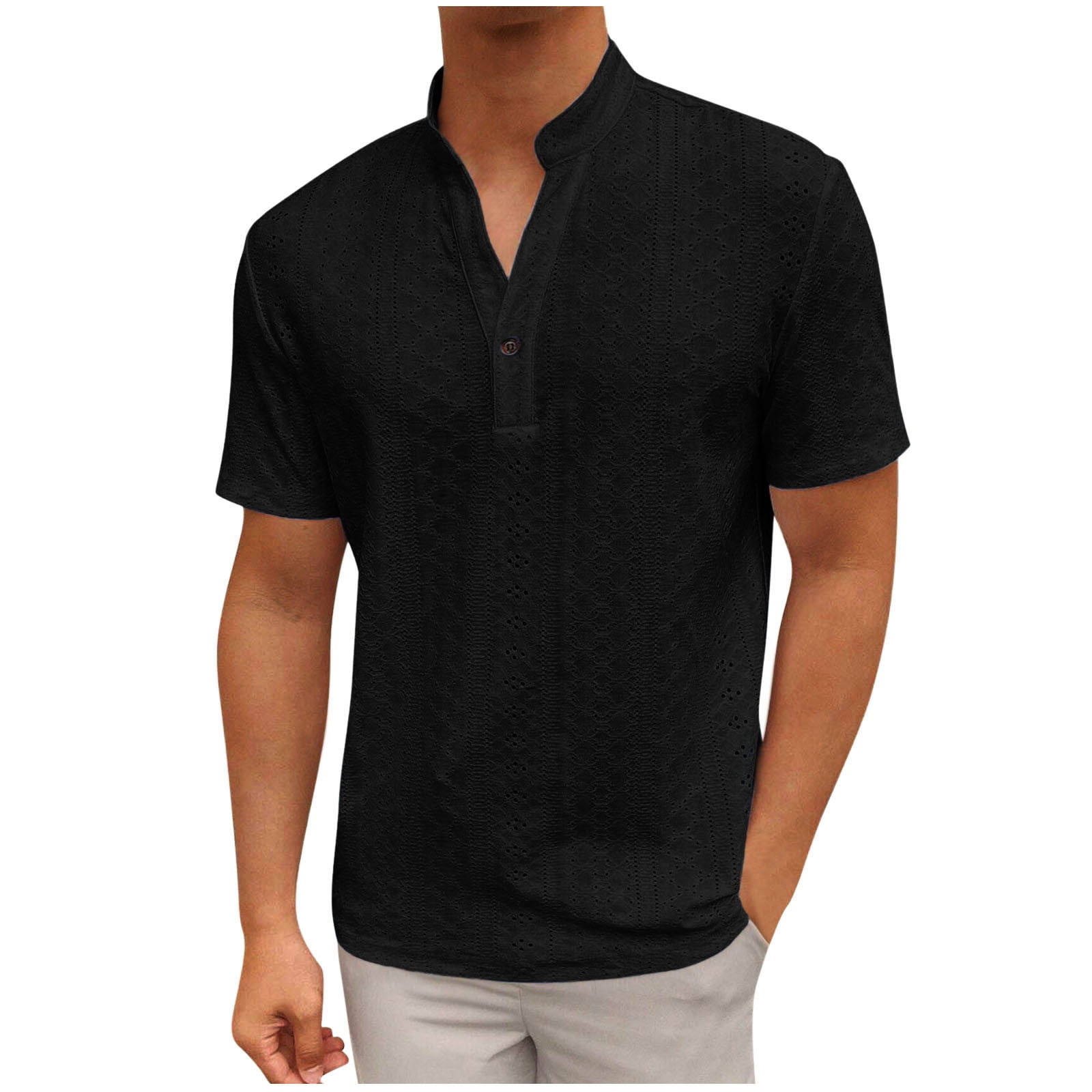 OGLCCG Men's Casual Henley Shirt Band Collar Button Short Sleeve Summer Beach Hippie T-Shirts ...
