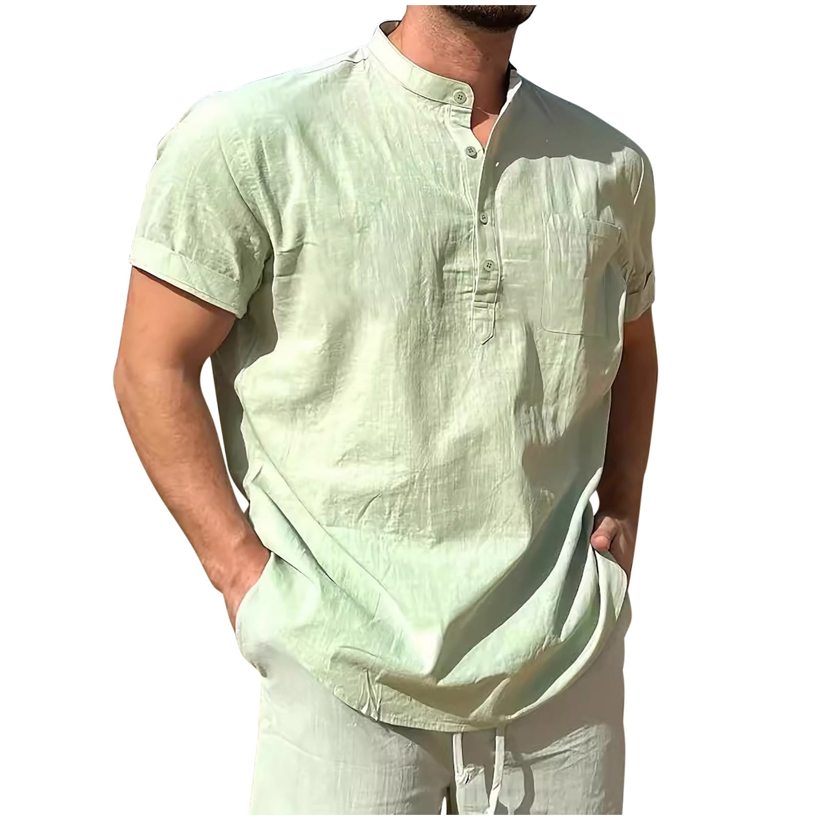 OGLCCG Men's Henley Shirt Cotton Linen Band Collar Button Short Sleeve Summer Beach T-Shirts ...