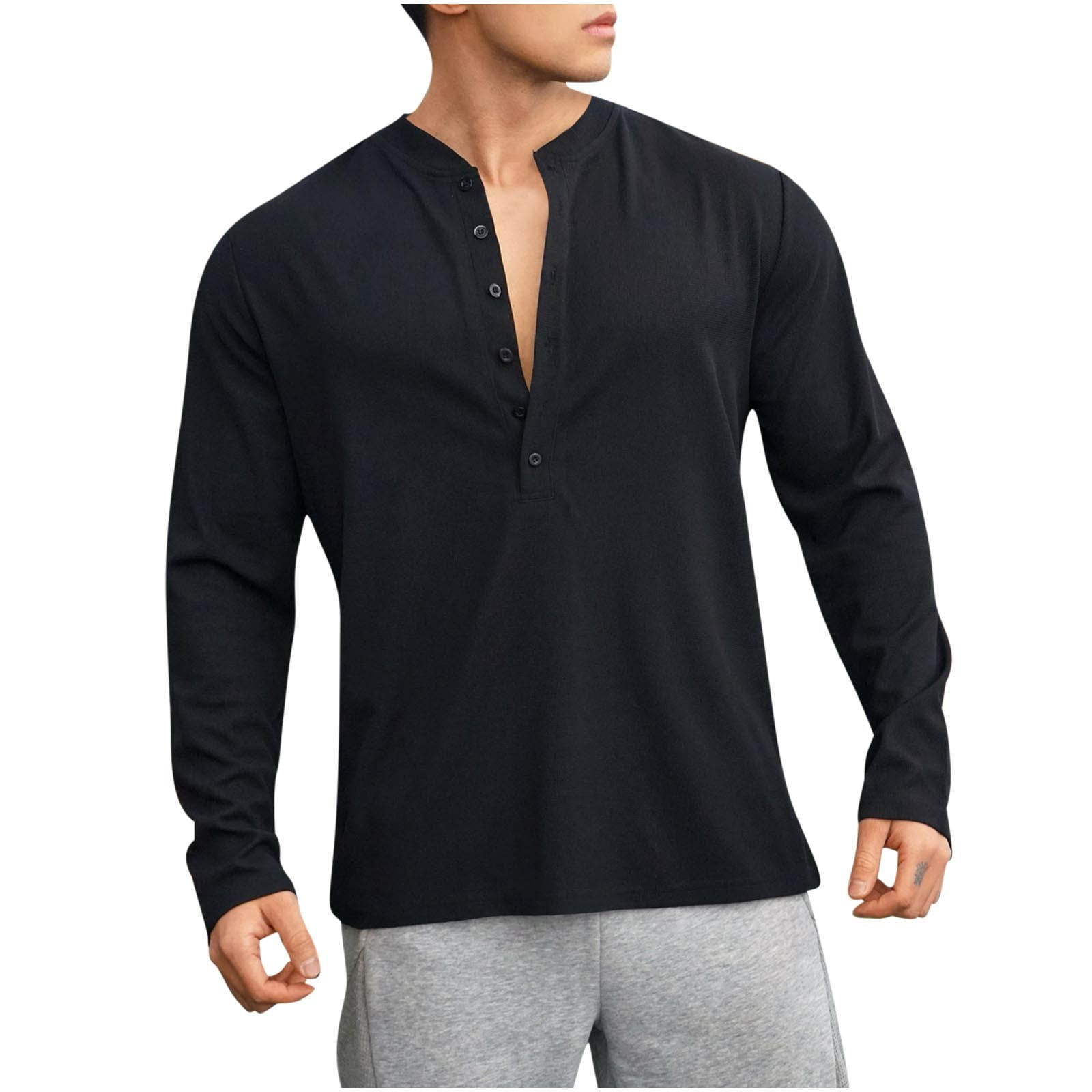 OGLCCG Mens Casual Muscle T Shirt Breathable Long Sleeve V-Neck Button ...