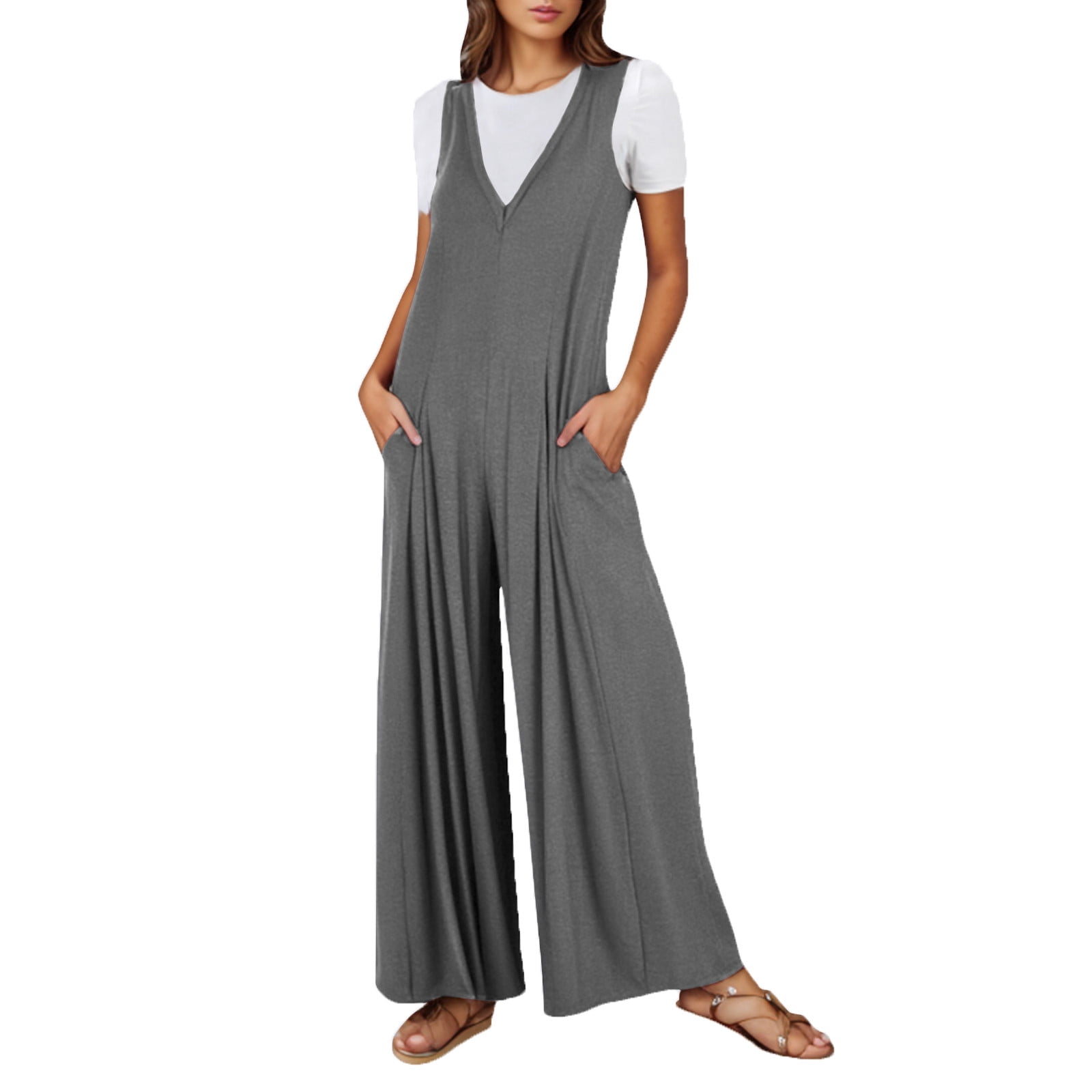 Big Sales OGLCCG Womens Summer Casual Jumpsuit Sleeveless V Neck Wide ...