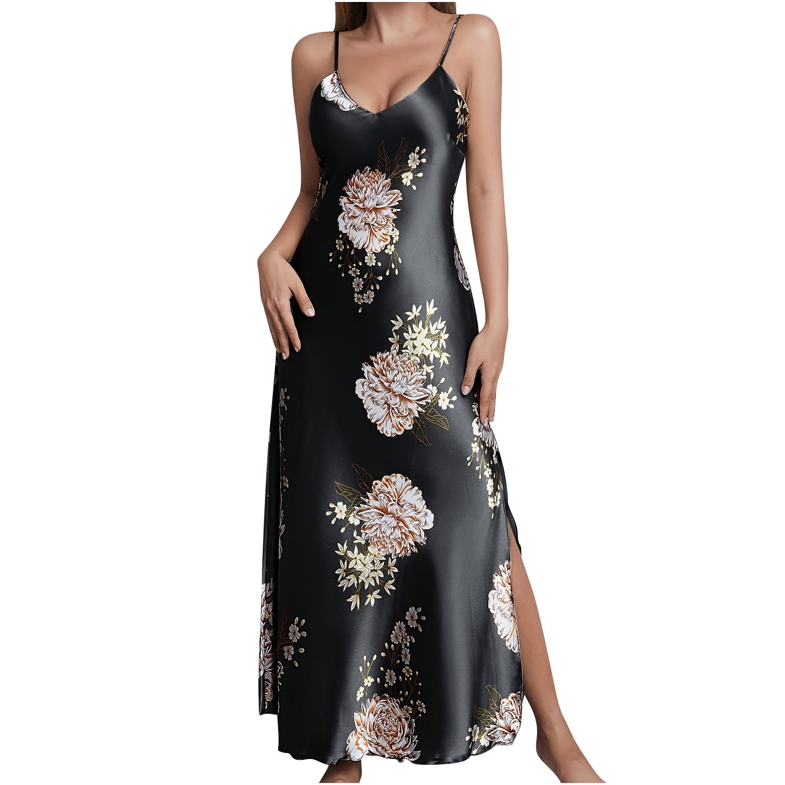 FAHXNVB Silk Satin Nightgown Spaghetti Strap Floral Embroidered Slit ...