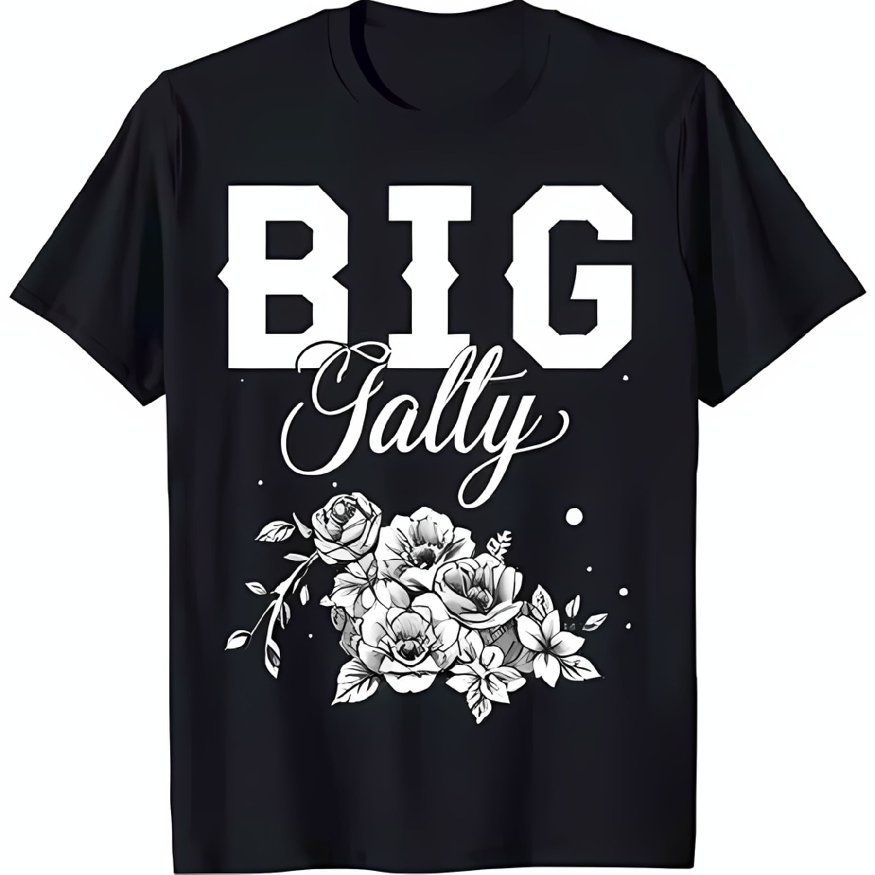Big Salty Black T-Shirt with Bold Blocky Font & Cursive Script Design ...