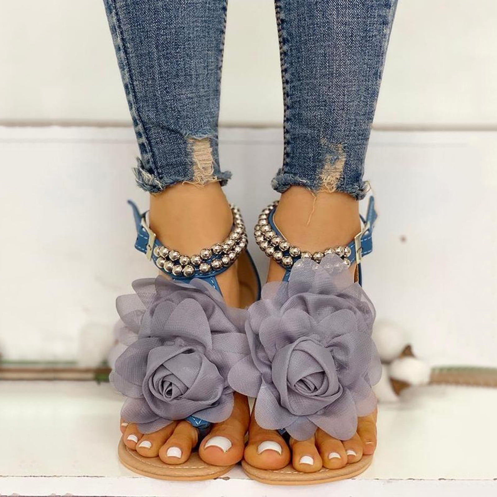 Big Save！HWRETIE Women Flat String Bead Sandals Bohemian Style Flower ...