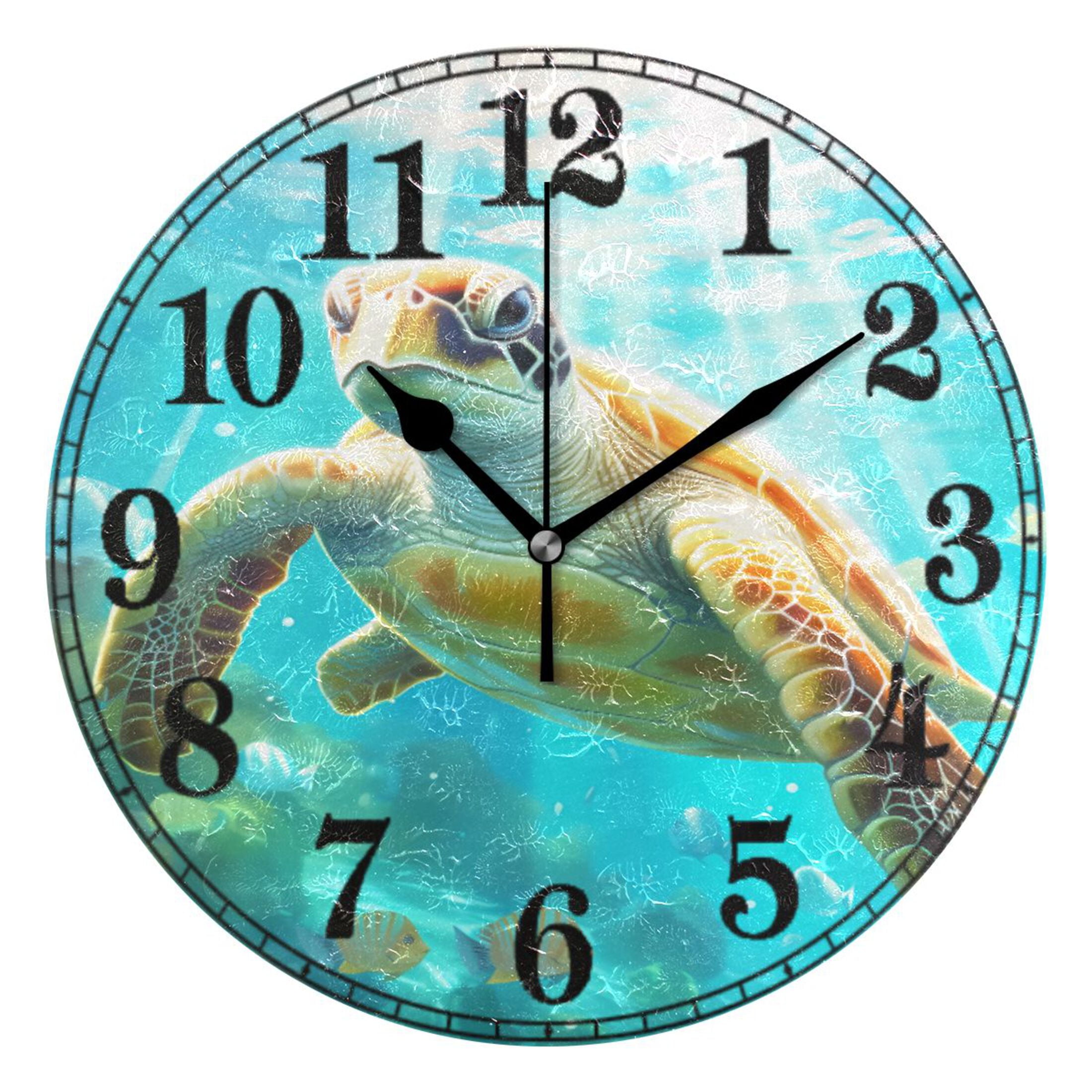 Big Sea Turtle in Sea Blue 10" Silent Wall Clock Non-Ticking Battery ...