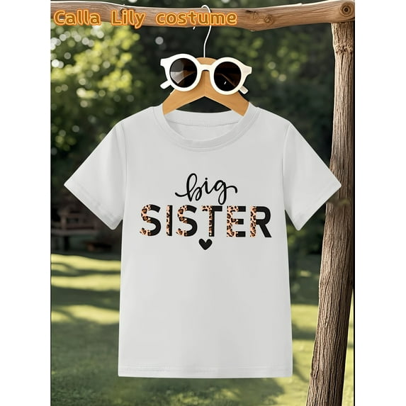 Big Sister Leopard Print & Letter Heart Design - Girls' Casual Summer T ...