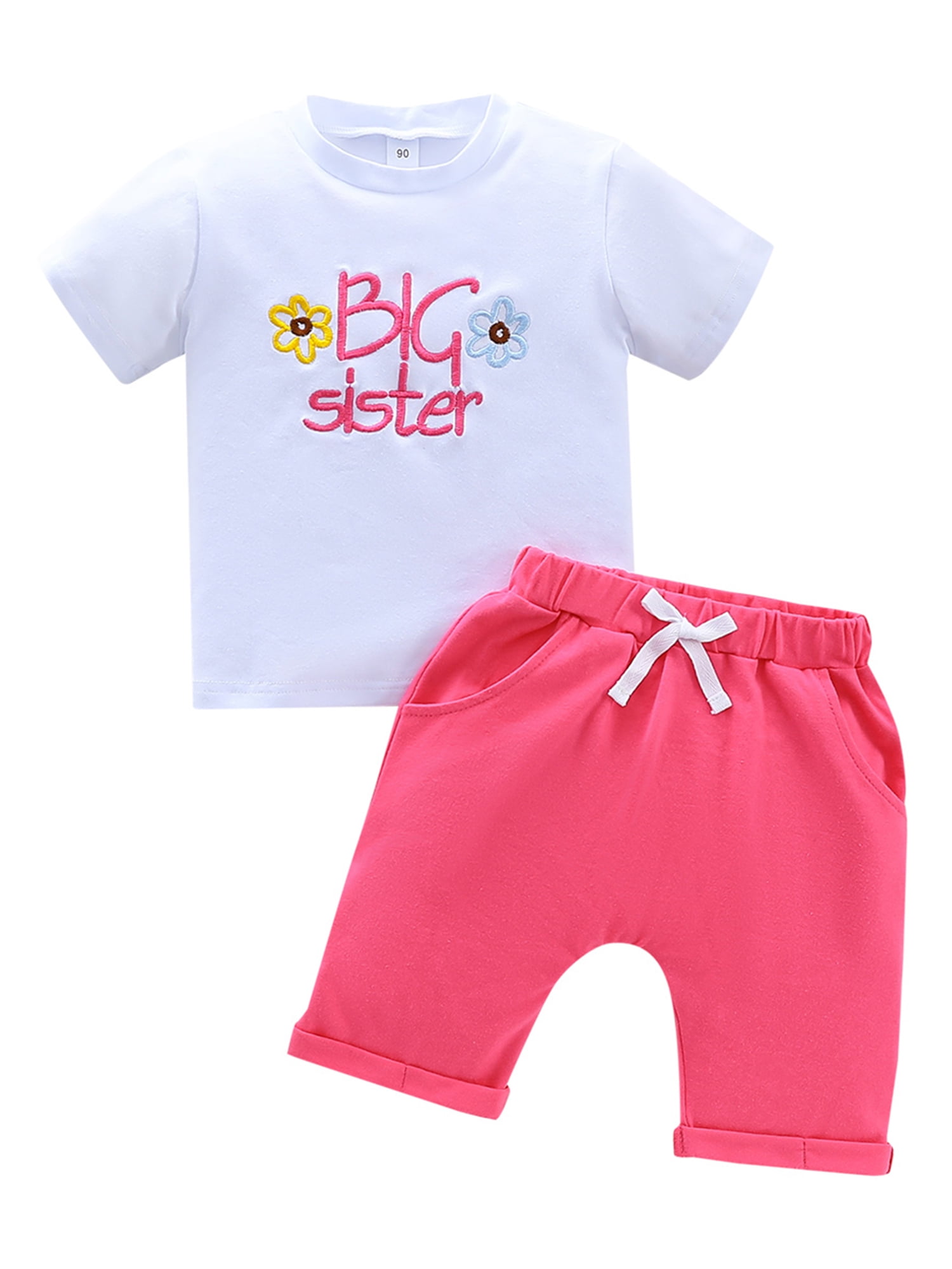 Big Sister Outfit for Little Girls Summer Short Sleeve Letter Flower Embroidery T Shirt Tops and ...