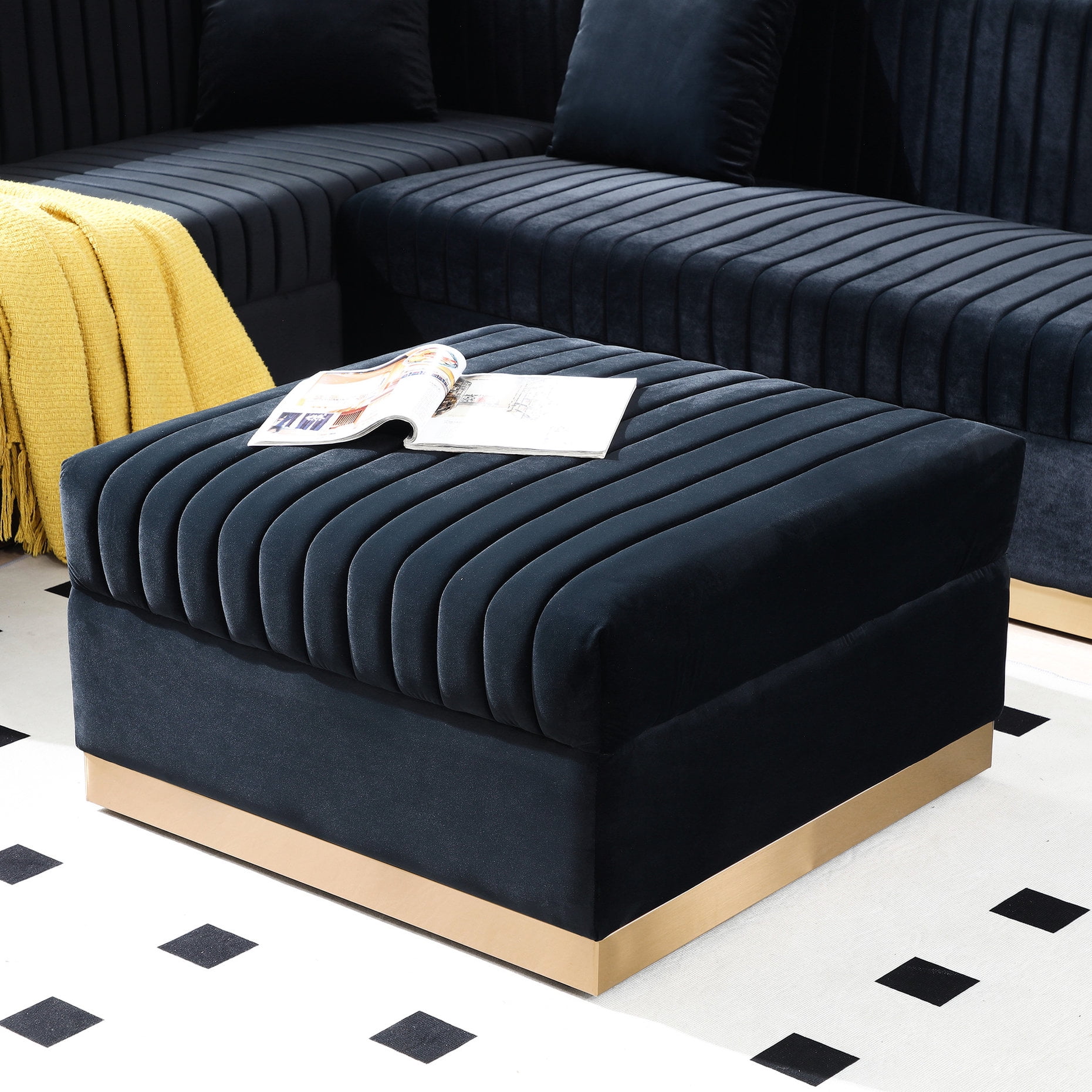 Big Size Black Ottoman | Vertical Channel Tufted Design | Dense Foam ...