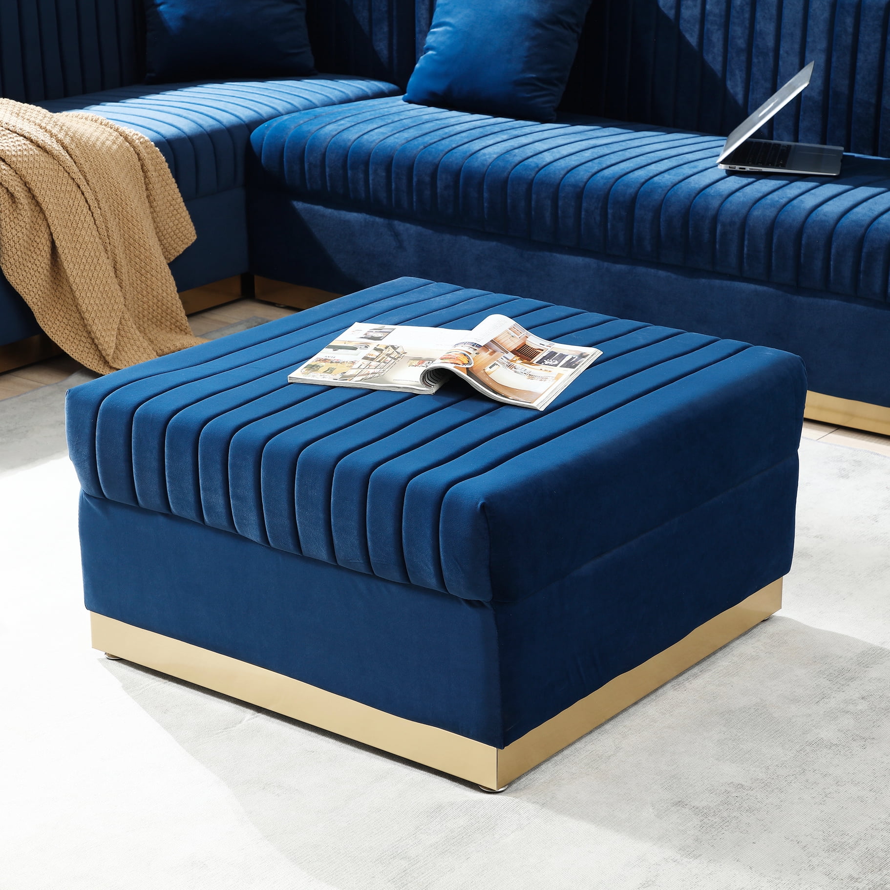 Big Size Blue Velvet Living Room - Contemporary Upholstered With ...