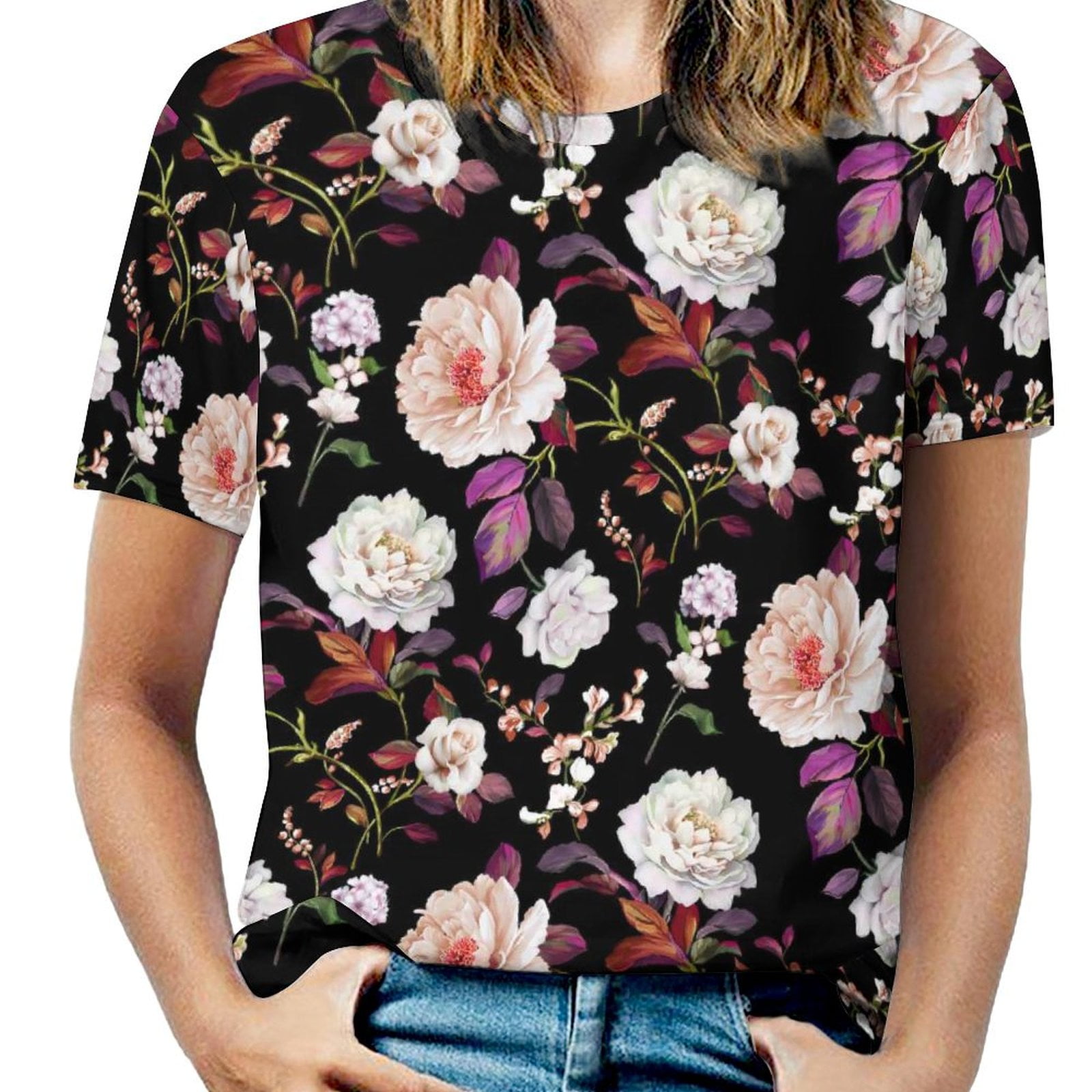 Big Size Fun Flower Print T-Shirts Retro Floral Fashion T Shirt Short ...