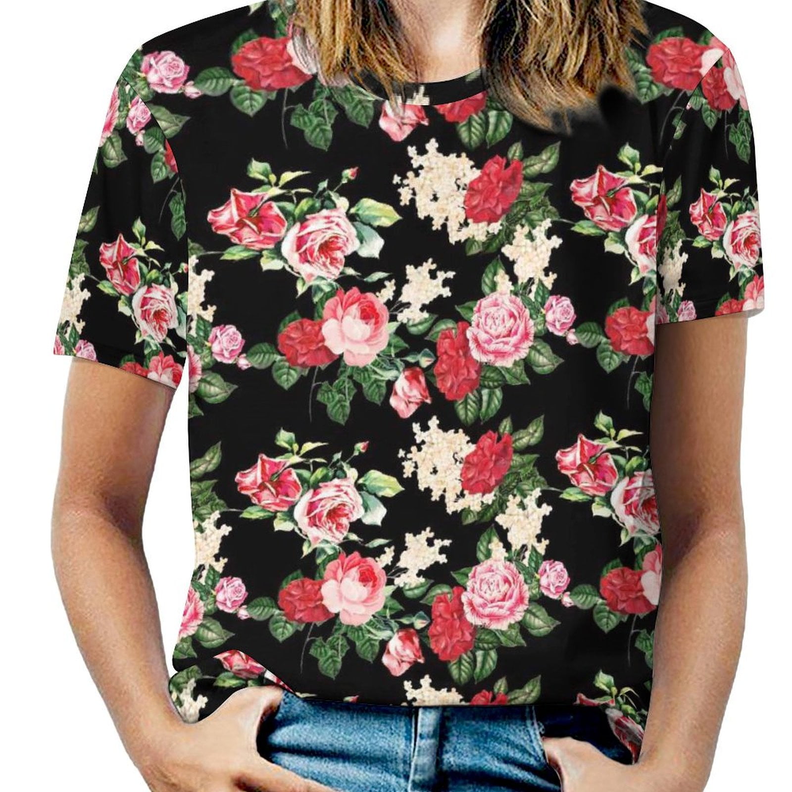 Big Size Fun Flower Print T-Shirts Retro Floral Fashion T Shirt Short ...