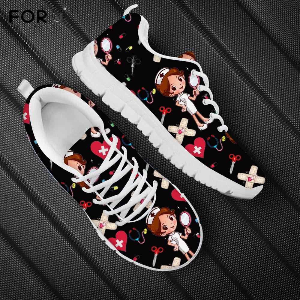 Big Size Summer Nursing Shoes For Women Cartoon Nurse Pattern Woman's Flats Jogging Sport Shoes ...