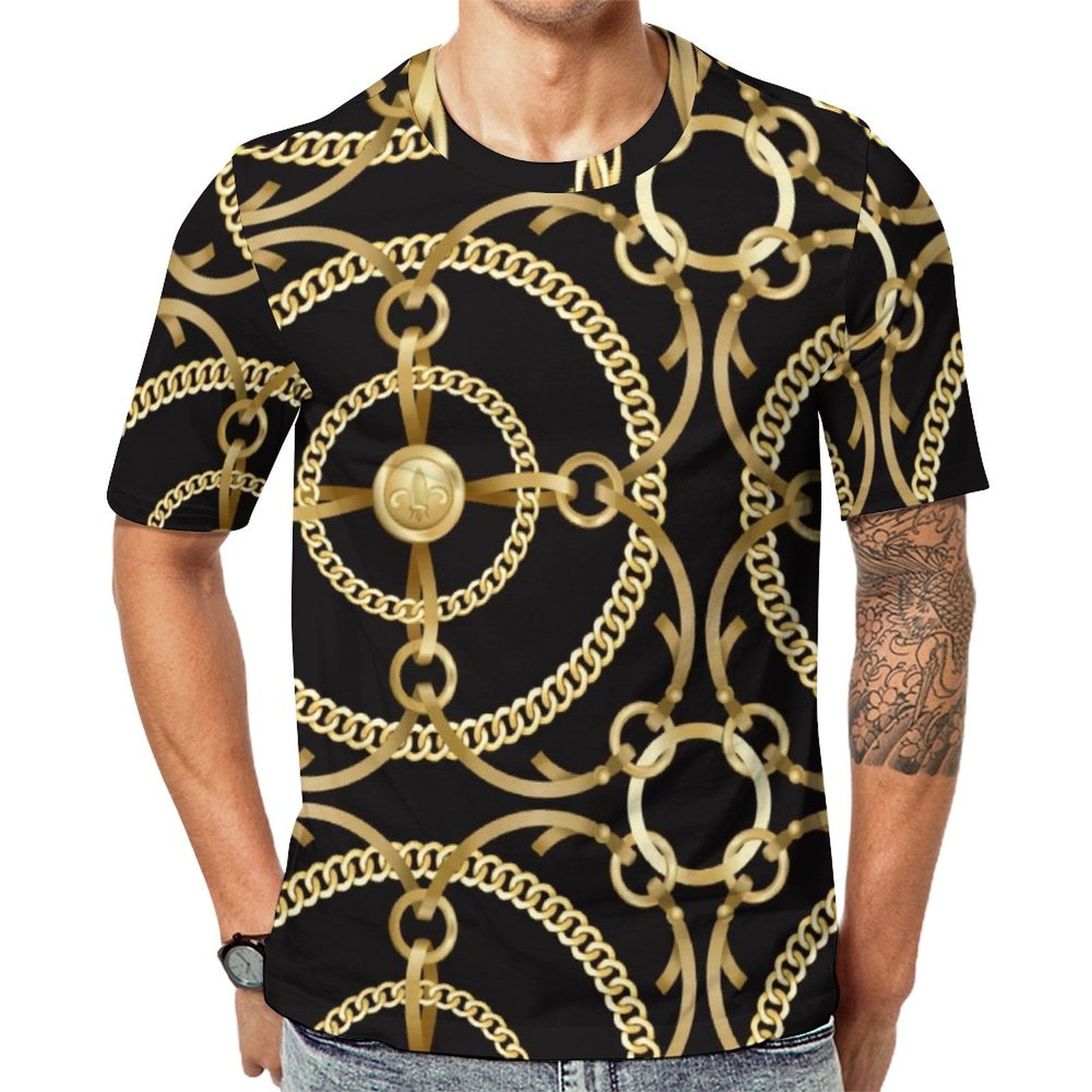 Big Size TShirt Summer Golden Chains Print T Shirts Gold Paisley Kawaii ...