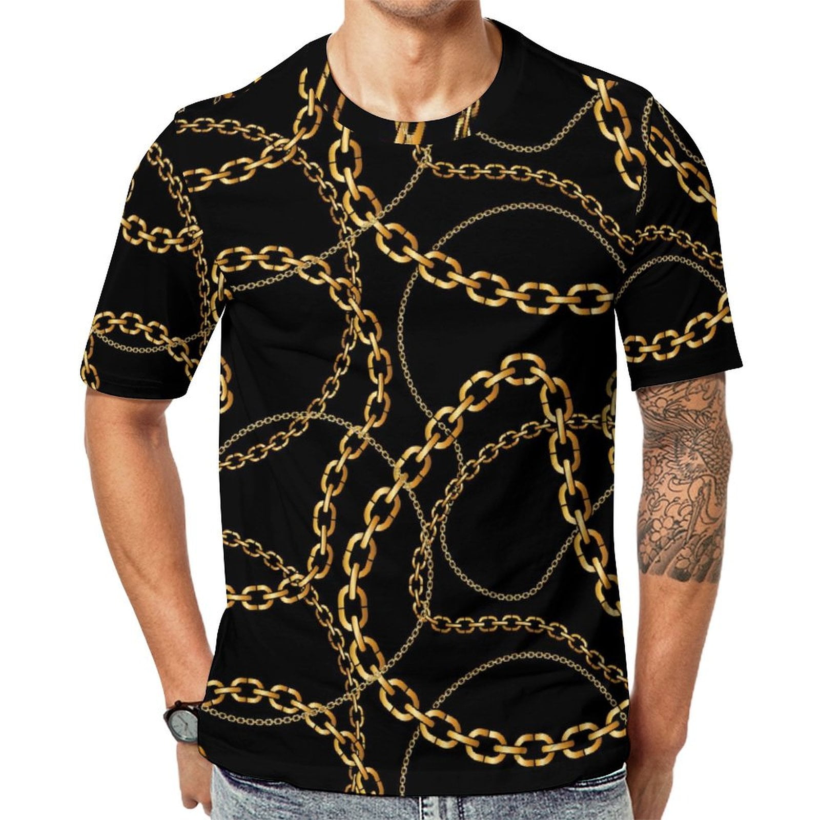 Big Size TShirt Summer Golden Chains Print T Shirts Gold Paisley Kawaii ...