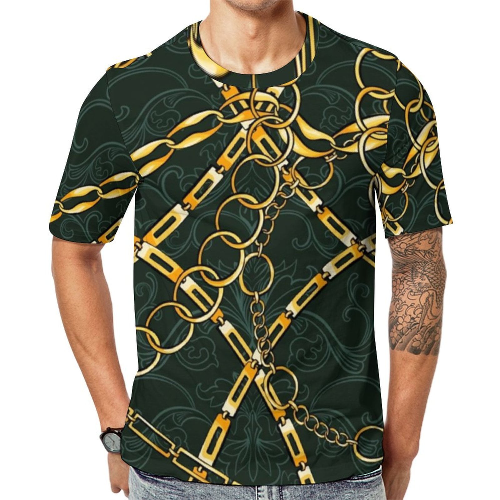 Big Size TShirt Summer Golden Chains Print T Shirts Gold Paisley Kawaii ...