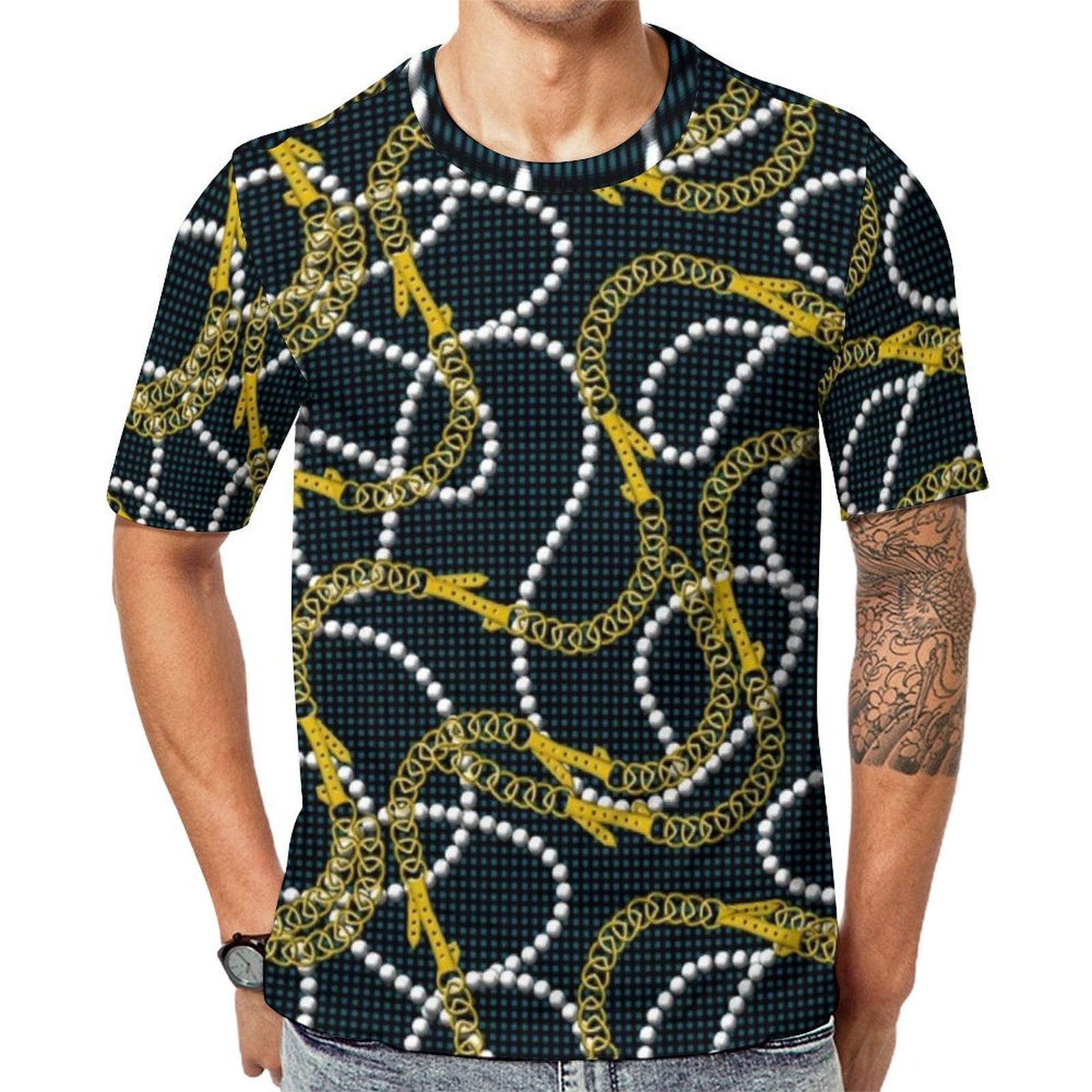 Big Size TShirt Summer Golden Chains Print T Shirts Gold Paisley Kawaii ...