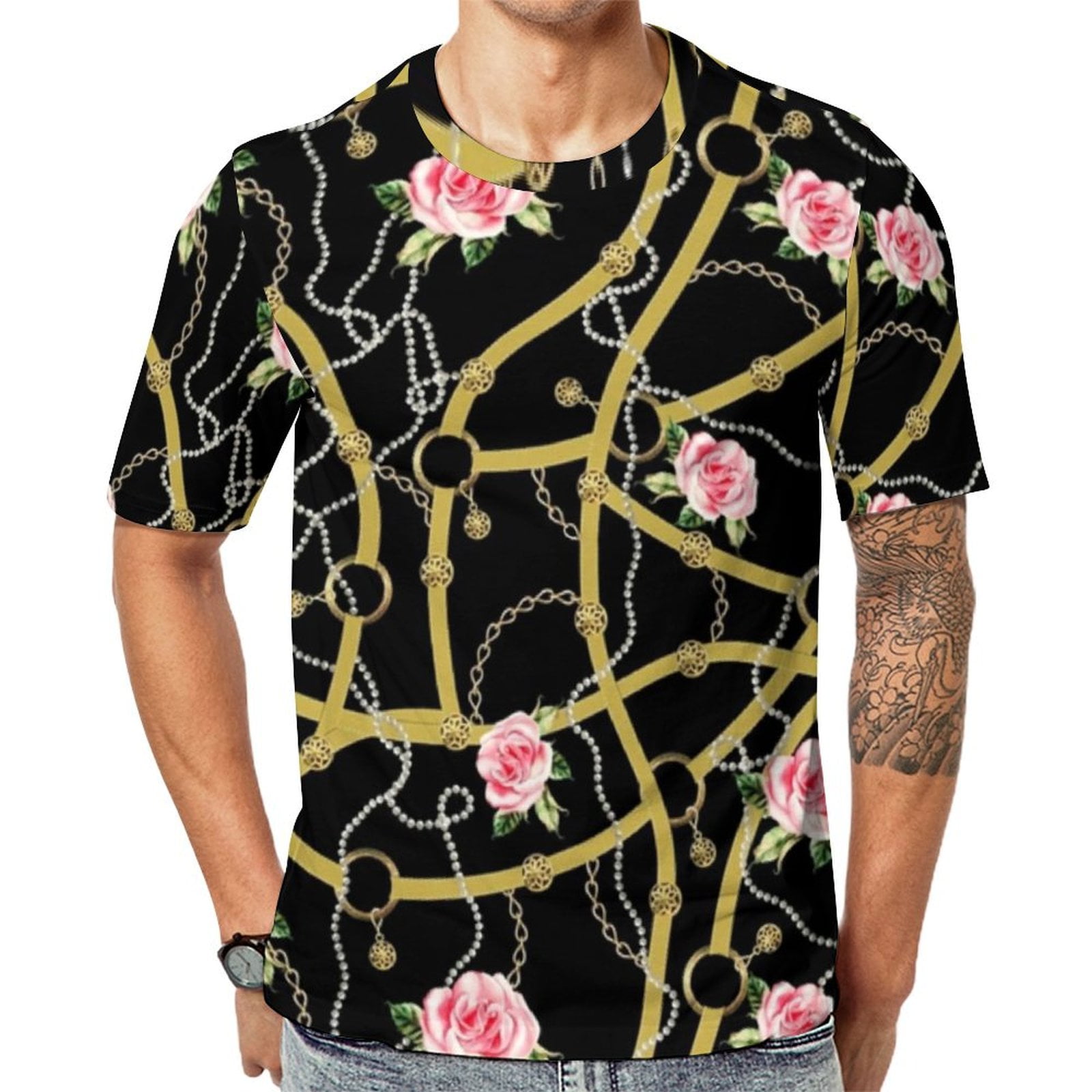 Big Size TShirt Summer Golden Chains Print T Shirts Gold Paisley Kawaii ...