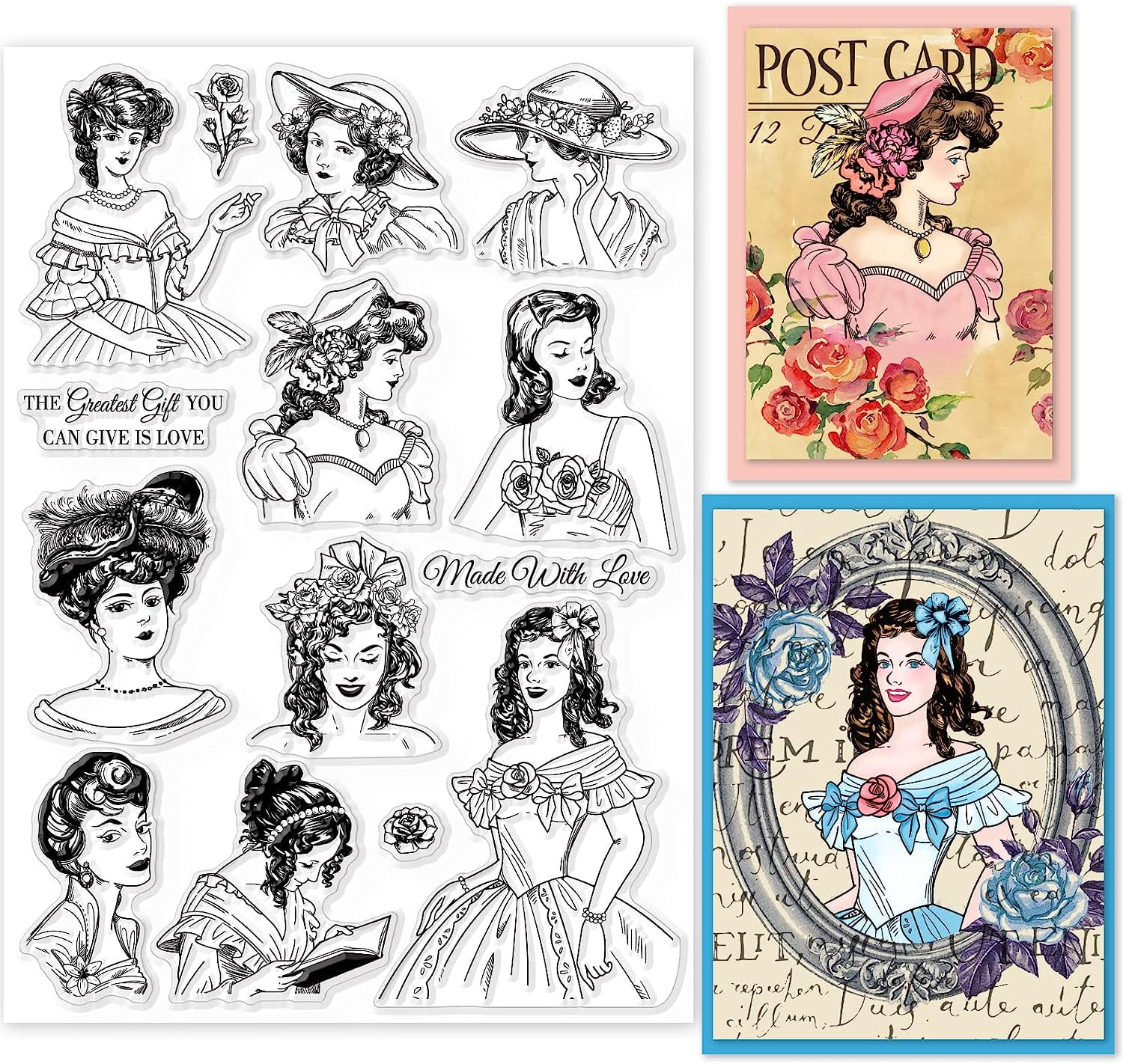 Big Size Vintage Lady Portrait Clear Stamps for DIY Scrapbooking Rose ...