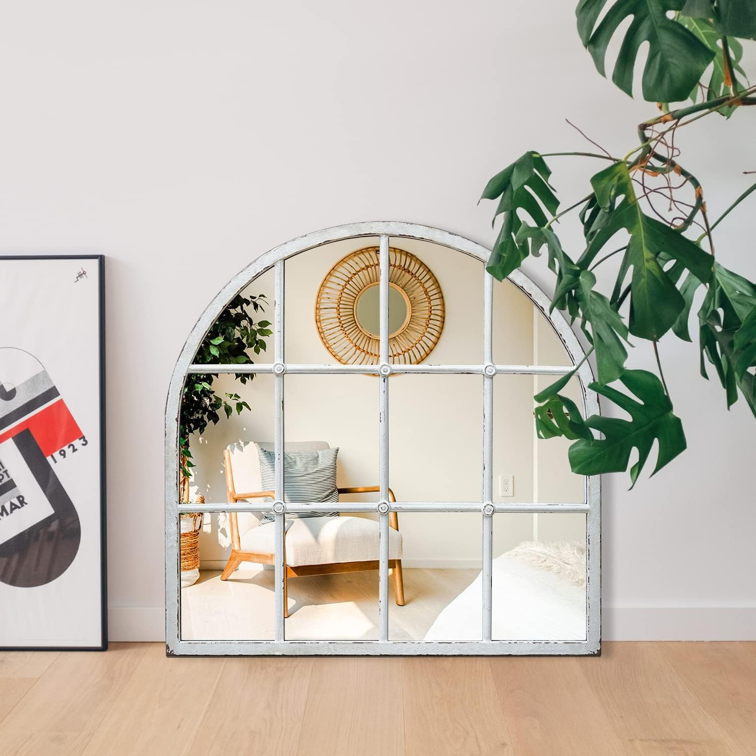 Big Size Wall Arched Fake Window Frame With Mirror, Distressed ...