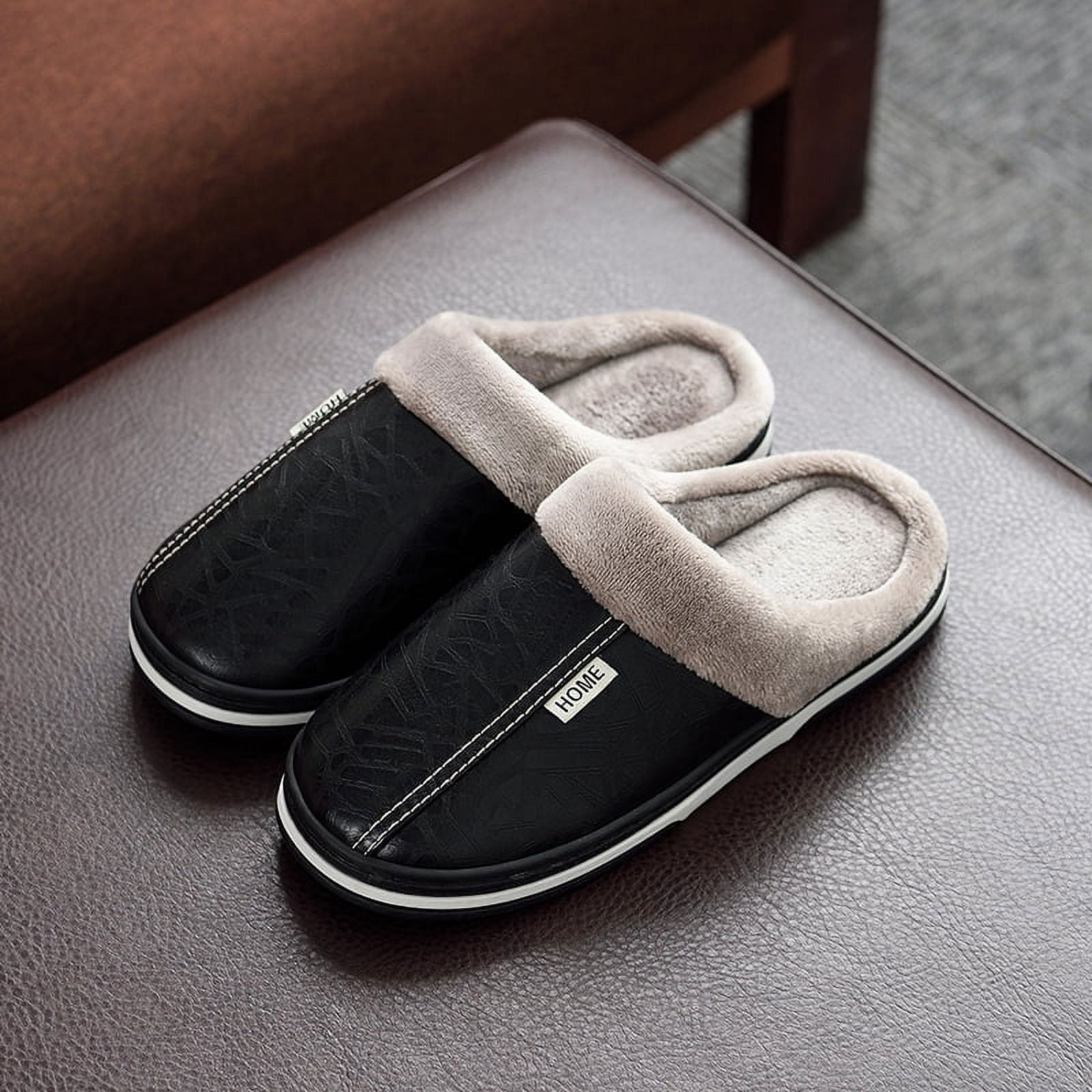 Big Size for Men's Leather Slippers Indoor Waterproof Home Fur Male ...