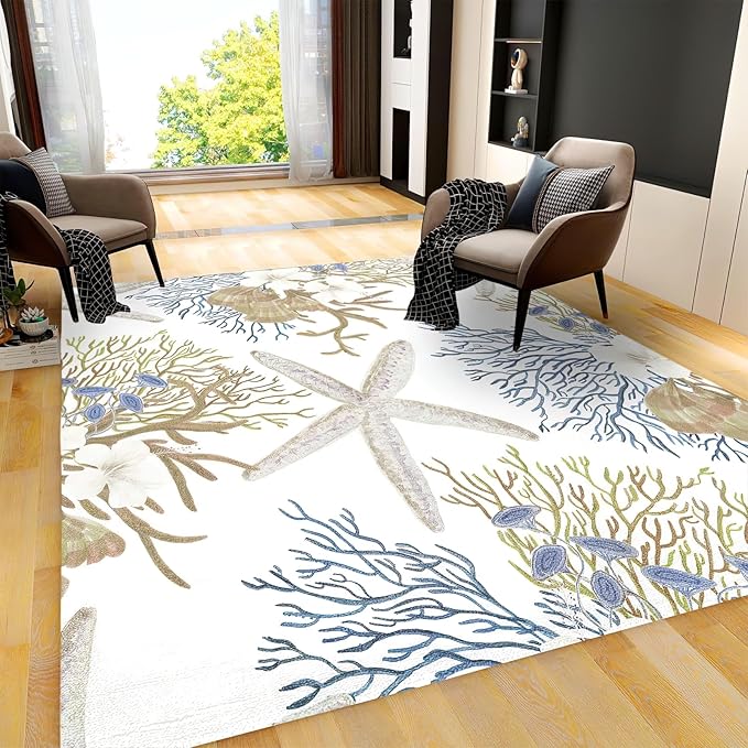 Big Starfish Ocean Theme Area Rug, Blue Coral Shell Non Slip Easy Care ...