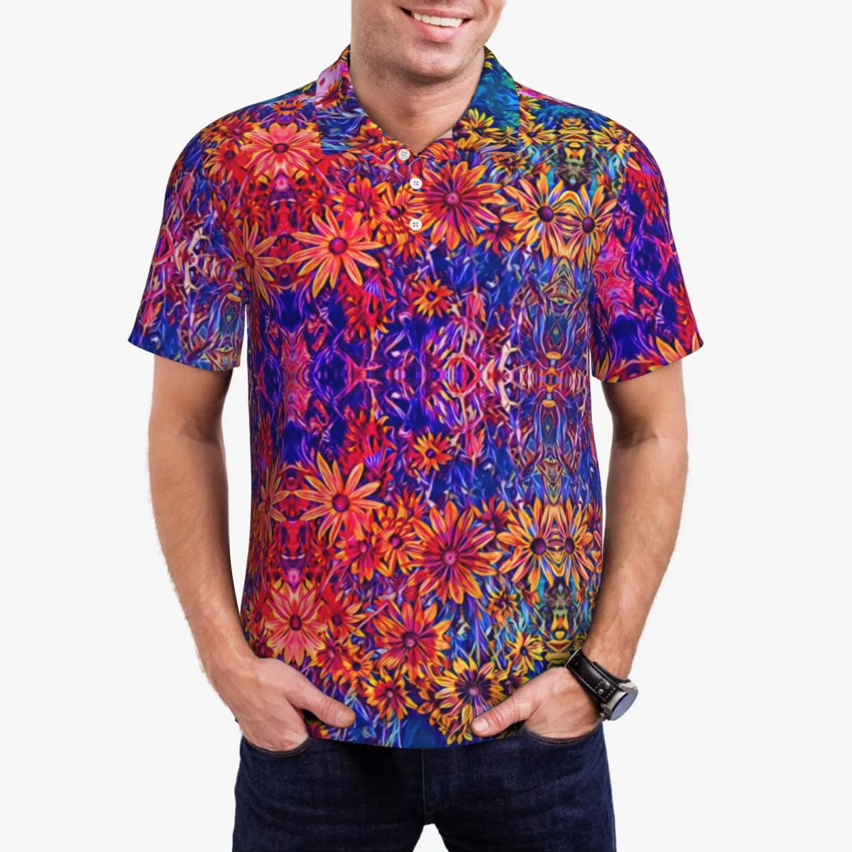 Big Sunflower Field Polo Shirt Men Yellow Floral Print Casual Shirt ...