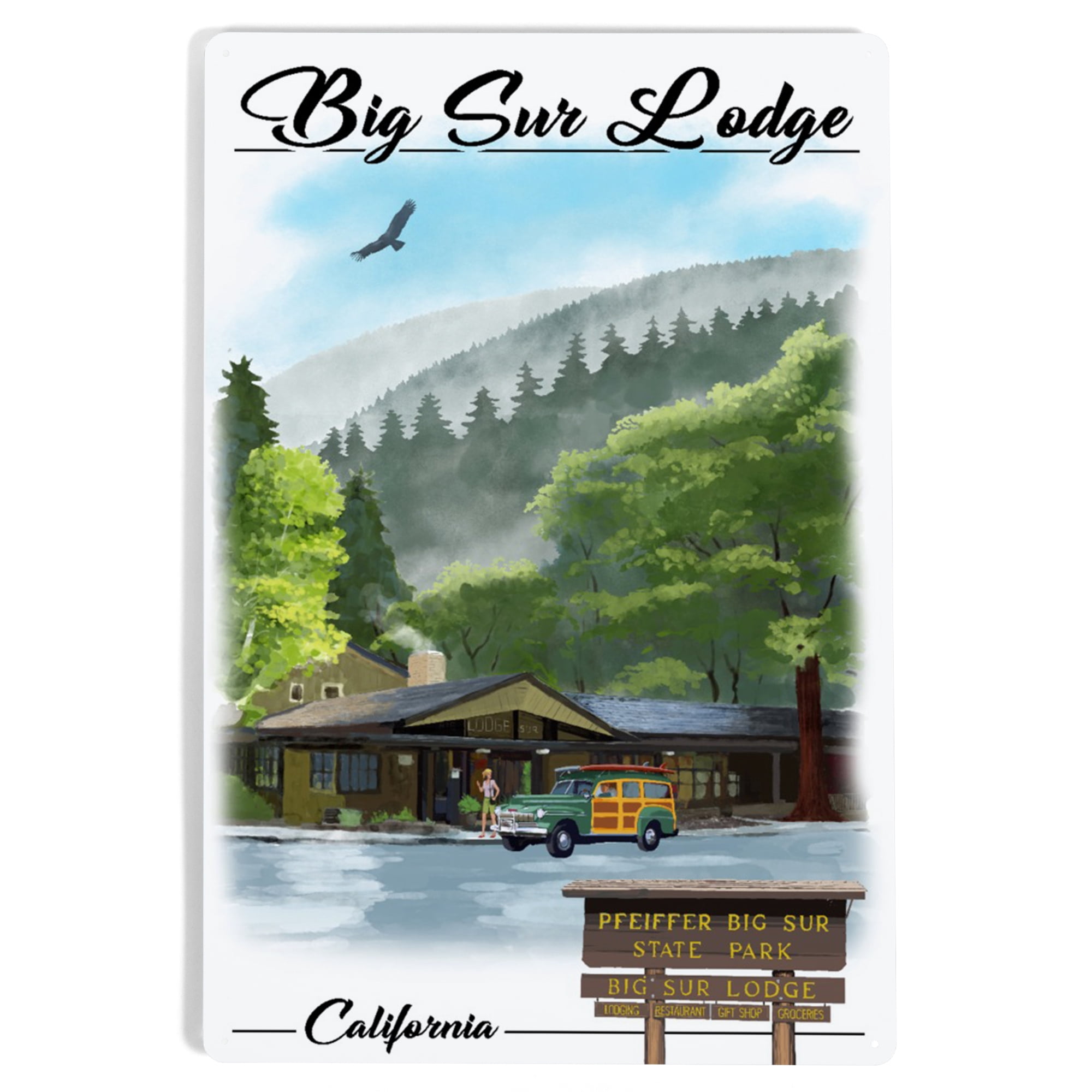 Big Sur, California, Big Sur Lodge, Watercolor (12x18 Aluminum Art ...