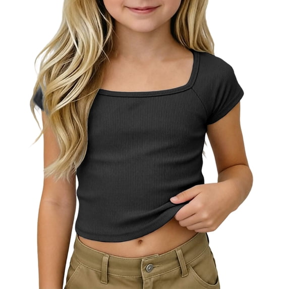 Big T-Shirts For Girls Ribbed Knit Crop Short Sleeve Square Neck Raglan ...