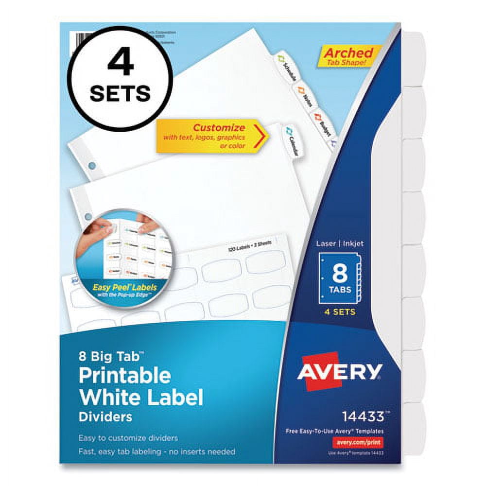 Big Tab Printable White Label Tab Dividers, 8-Tab, Letter, White, 4 ...