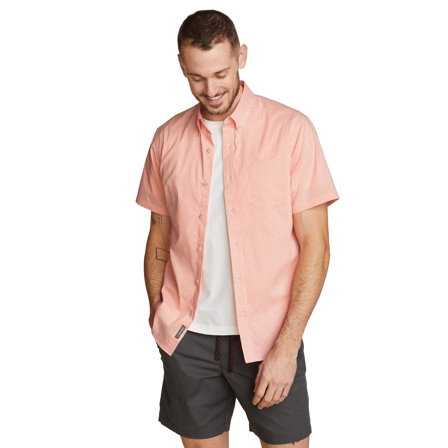 Big & Tall Eddie Bauer Voyager Flex Short Sleeve Button Down Shirt Color: Flimingo Size: M TALL ...