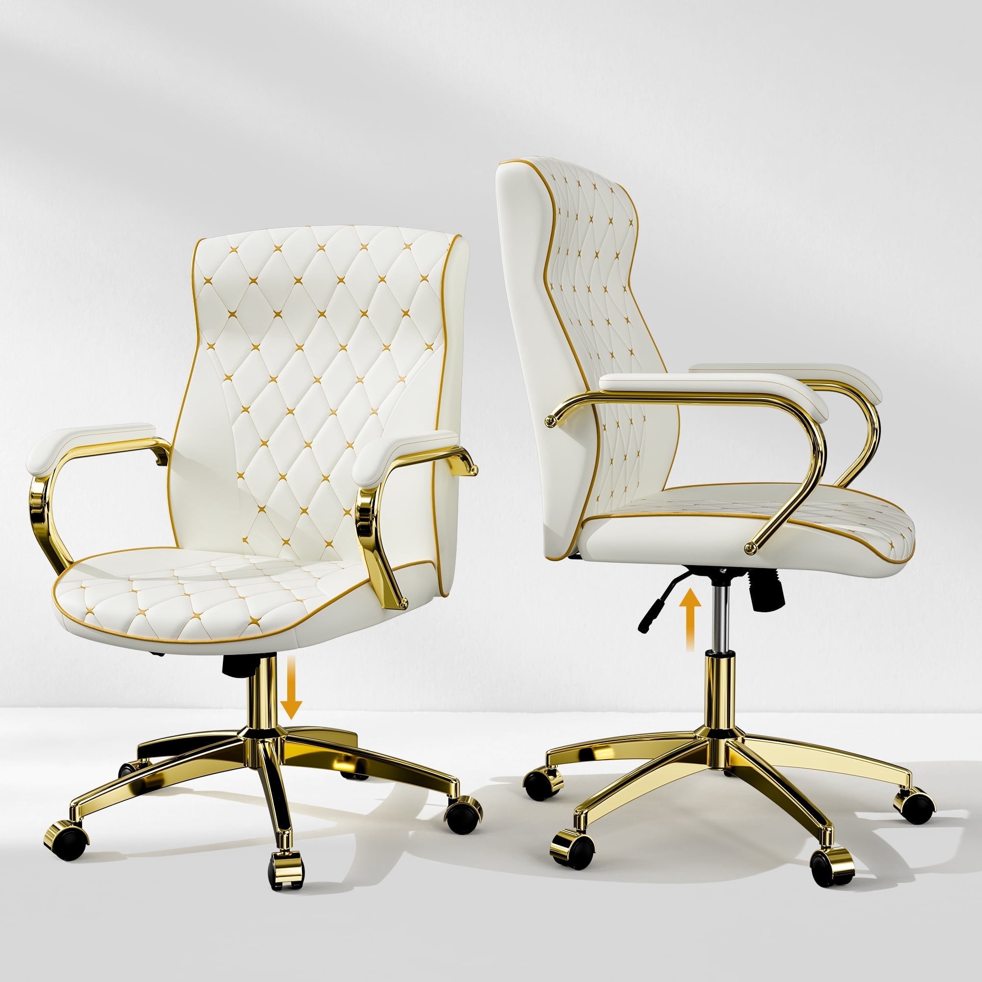 White and Gold Office Chair Set of 2 with Soft Leather Embroidery, Mid ...