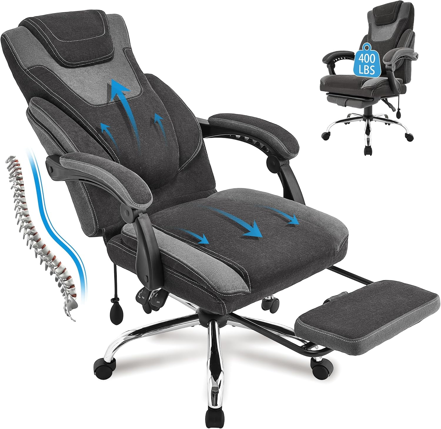 Big and Tall Fabric Office Chair 400lbs, Executive Reclining Office ...
