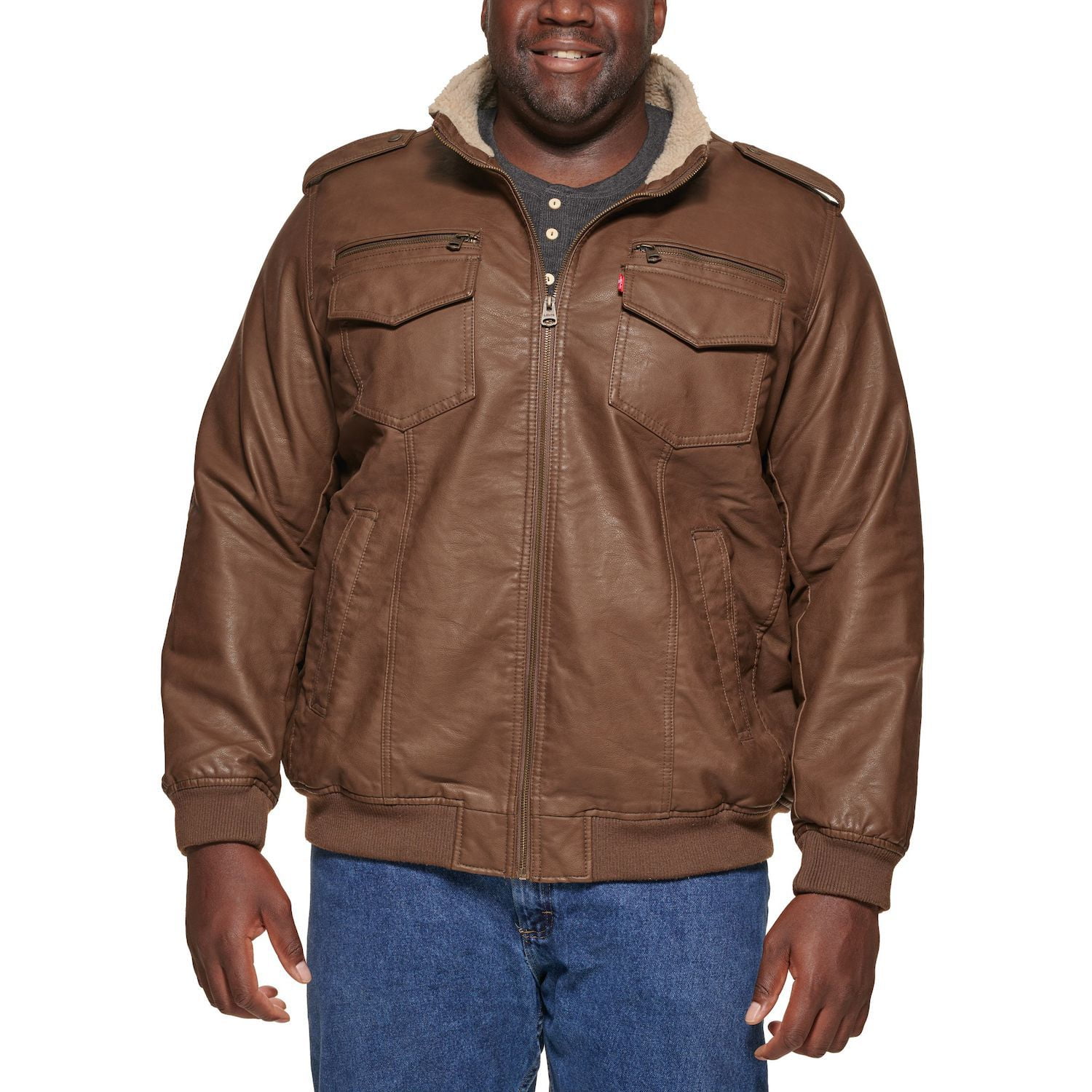 Big & Tall Levi's® Faux Leather Sherpa Lined Bomber Jacket Color: Earth ...