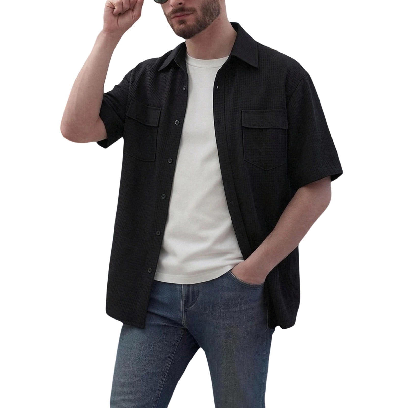 Big & Tall Mens Linen Cargo Shirts Pockets Short Sleeve Lapel Hiking ...