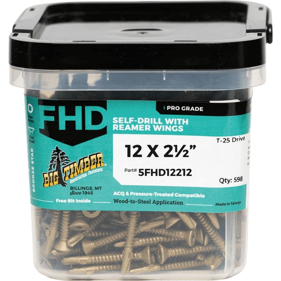 Big Timber Flat Head Wood to Metal Self-Drilling Screws - Pack of 12 ...