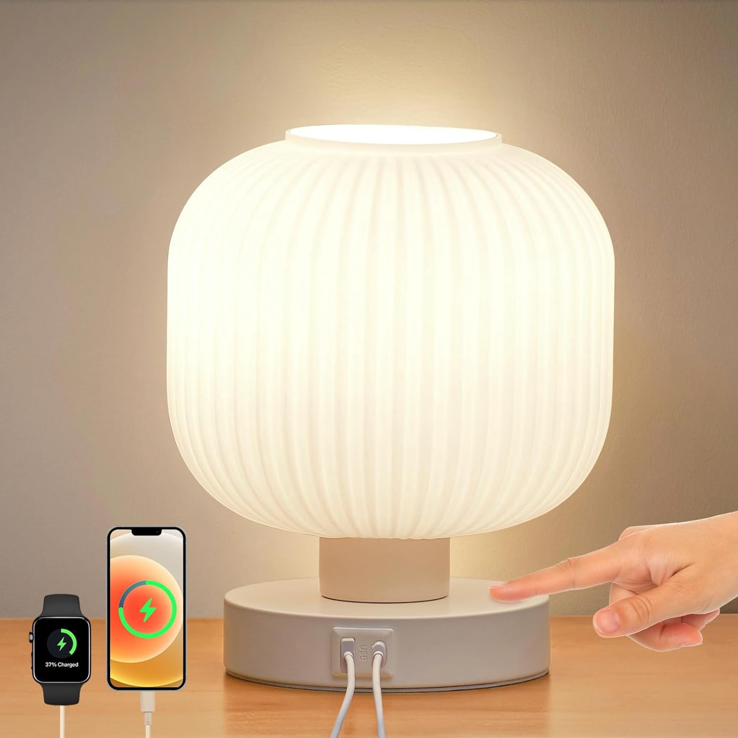 Big Touch Glass Bedside Lamps,Table Lamps 3 Way Dimmable with USB C+A ...
