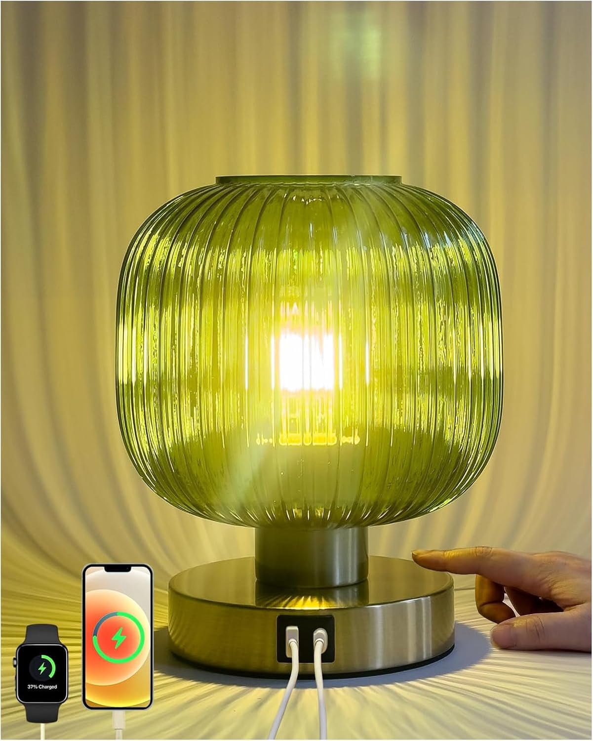 Big Touch Table Lamp,Elegant Green Glass Bedside Lamp 3 Way Dimmable ...